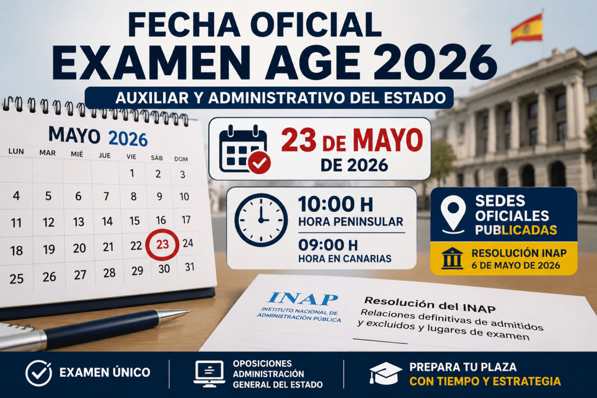 Fecha Examen Auxiliar y Administrativo AGE 2026: horario y sedes